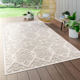Paco Home Paco Home - Tapis Intérieur & Extérieur Terrasse Et Balcon Résistant Aux Intempéries Moderne Motif Géométrique 160 cm rond, Crème 2