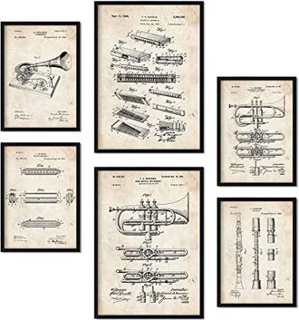 Nacnic Ensemble de 6 affiches de brevets Instrument &agrave; vent. Affiches avec des illustrations de brevets r&eacute;tro pour votre maison. D&eacute;coration int&eacute;rieure de styl