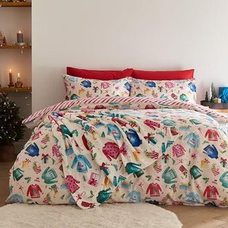 Catherine Lansfield Christmas Jolly Jumpers Wende-Bettwäsche-Set mit Kissenbezügen, cremefarben