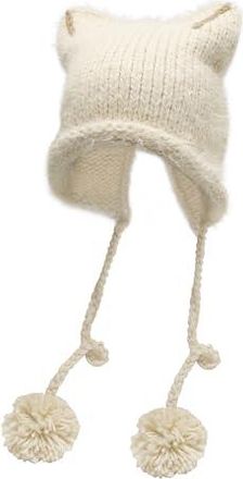 ZLYC Crochet Hat Knit Cat Ear Slouchy Beanie Bonnet, Pompon Beige, Taille Unique Femmes