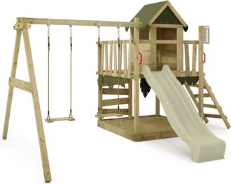Fatmoose Spielturm Klettergerüst JazzyJungle Jam XXL mit Schaukel & Rutsche, Outdoor Kinder Kletterturm mit Sandkasten Leiter & Spiel-Zubehör für den Garten (S