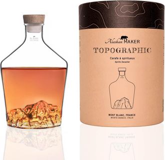 Alaskan Maker Spirituosenkaraffe 1,2 L - Handgeblasenes Borosilikatglas mit 3D-Bergrelief | Holz- und Korkverschluss, hochwertiges Design | TOPOGRAPHIC (Mont Blanc)