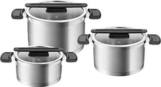 Tescoma COMPACT 6-teiliges Topfset I Stapelbare Edelstahl-Kochgefäße mit innovativen Deckeln I Dreischichtigem Boden & Messskala I Für alle Herdarten inkl. In