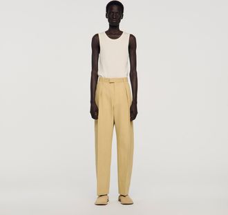 Sandro Pantalon large en coton et lin &agrave; pli