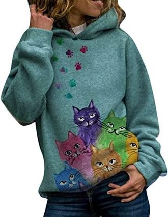 Keephen Sweat à Capuche imprimé Chat pour Femme - Sweat à Capuche imprimé Chats 3D Mignon Motif Six Chats à Manches Longues avec Poche
