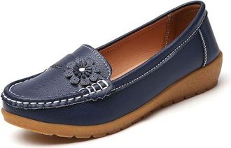 Generic Chaussures en cuir confortables &agrave; semelle souple pour femme, mocassins de conduite d&eacute;contract&eacute;s, chaussures bateau plates &agrave; enfiler, bleu marine, 40.5