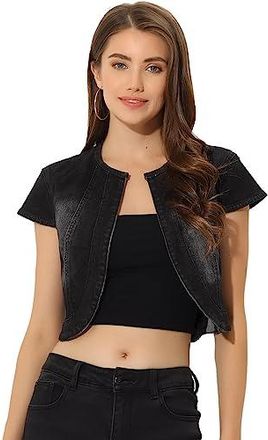 Allegra K Boléro Court en Jean Femme Veste Courte en Denim à Manches Courte Coupe Ajustée Blouson Devant Ouvert Noir XL