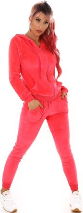 Jela London Damen Nicki Hausanzug Jogginganzug Velour Samt Jogging Freizeit Hose Kapuzen Jacke, Neon-Pink, 36-38 (M)