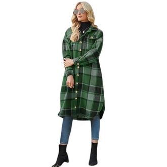 Generic Veste &agrave; carreaux pour femme - Long revers - Veste &agrave; carreaux en flanelle d&eacute;contract&eacute;e 2025 - Revers boutonn&eacute;, Vert, XXL