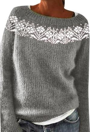 Generic Fair Isle Pull pour femme - Manches longues - Imprimé vintage islandais - Rétro - Doux - Chaud - Décontracté - Élégant - Automne Hiver - Vacances - Co