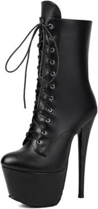 Generic Bottines De Cheville À Plateforme Audacieuses Femme Lacets Talons Aiguilles Cuir Brillant Vibrantes Fêtes Clubs Soirées,Black Matte,39 EU
