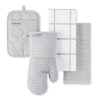 KitchenAid Lot de 4 Gants de Cuisine matelass&eacute;s en Coton &eacute;ponge - R&eacute;sistants &agrave; la Chaleur - Poign&eacute;e en Silicone - 40,6 x 66 cm, 17,8 x 33 cm et 17,8 x 25,4 cm - 
