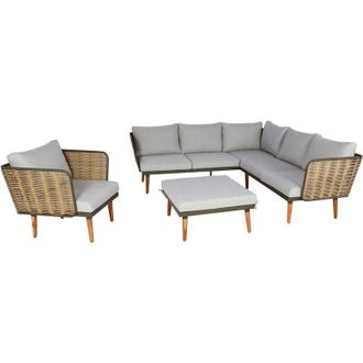 Hhg Neuwertig] Gartengarnitur HHG 133, Garnitur Lounge-Set Sofa Outdoor, Spun Poly Metall Poly-Rattan MVG-zertifiziert hellgrau