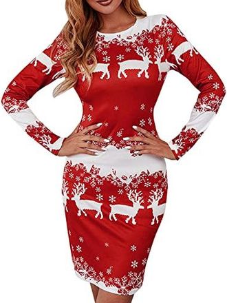 Generic Robe de Noël longue en tricot pour femme - Robe de Noël élégante - Col rond - Robe pull tunique avec imprimé renne - Manches longues - Mini robe décon
