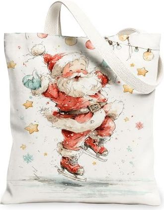 Generic Sacs fourre-tout en toile de vacances, motif P&egrave;re No&euml;l festif, sacs d&eacute;picerie r&eacute;utilisables, mignons dessins anim&eacute;s, l&eacute;gers et lavables &agrave; l&eacute;paule Stra