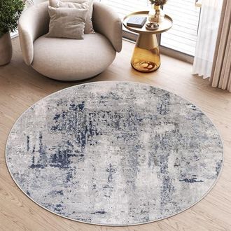 Tapiso Sky Rond Tapis Poils Courts Vintage Gris Cr&egrave;me Bleu Abstrait Mouchet&eacute; Rayures Tapis Salon Chambre Aspect 3D Oeko-TEX R&eacute;sistant 240 x 240 cm