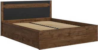 PEGANE Lit coffre 160x200 avec cadre sommier et rangement,,coloris Ch&ecirc;ne fonc&eacute;/Noir mat - Longueur 205,5 x Profondeur 169,5 x Hauteur 41-96,5 cm