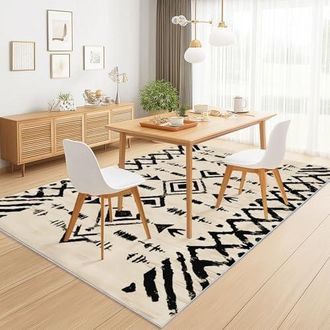 Generic Cr&egrave;me Lavable en Machine Tapis Salon Motifs Exotiques Losanges r&eacute;p&eacute;titions, 140 x 200 cm Doux Tapis de Sol Pelucheux Dessous Antid&eacute;rapant, Entree Inte