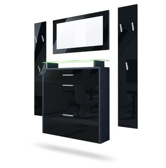 Vladon Garderobe Malea, Garderobenset bestehend aus 1 H&auml;ngeschuhschrank, 1 Wandspiegel und 2 Garderobenpaneele, Anthrazit matt/Schwarz Hochglanz, inkl. LED-B