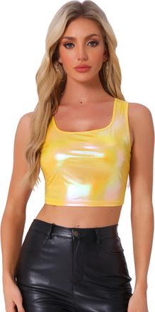 Allegra K Damen Metallic Crop Top Party Tanktop &Auml;rmellos Gl&auml;nzend Club Bauchfrei Oberteil Gelb XL