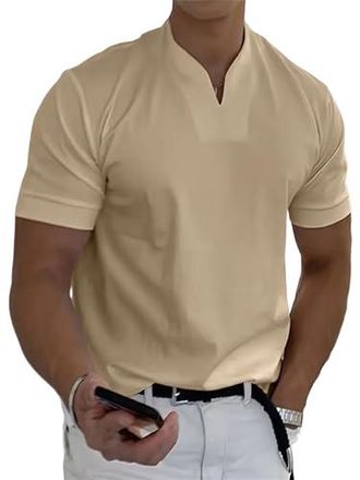 Generic Lininco T-shirt &eacute;l&eacute;gant pour homme avec col en V long et col en V, kaki, 5XL