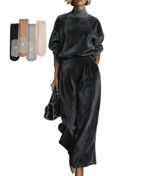Generic Tenues 2 pi&egrave;ces en velours pour femme - Col haut - Pull &agrave; manches longues - Style d&eacute;contract&eacute; et chaud - Couleur unie - Pantalon large, gris fonc&eacute;, XX