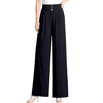 Generic Pantalon pour femme, pantalon doux et fluide taille haute &agrave; enfiler &agrave; jambe large, pantalon drap&eacute; extensible pour les personnes &acirc;g&eacute;es de plus de 50 an