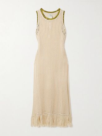 Escvdo Robe Midi En Coton &Agrave; Mailles Ajour&eacute;es Et &Agrave; Franges Atuq - Ivoire