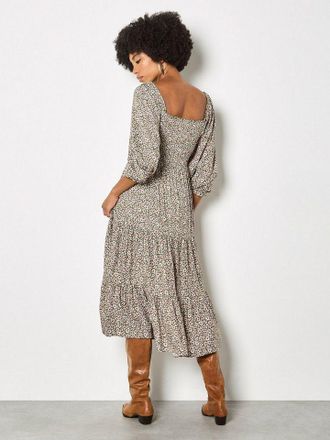 Apricot Midikleid Midi-Kleid mit Smok und zierlichem Blumenmuster