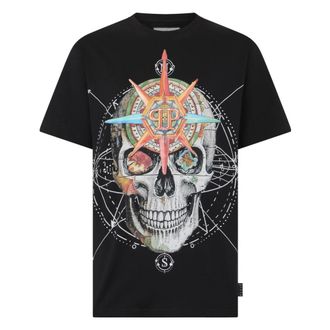 Philipp Plein Rundhals-T-Shirt Wind Rose Skull - - Tops - Herren - Schwarzk - 2XL