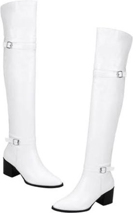 Yarnow Bottes Cuissardes Femme Automne Hiver Blanches Taille 38 en PU Talons Hauts &Eacute;pais et Semelle Antid&eacute;rapante Bottes Hautes R&eacute;sistantes pour Temps Froid