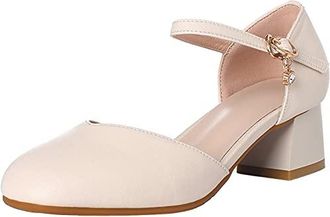 Jamron Femmes Cuir Souple Milieu Bloc Talon Sangle de Cheville Escarpin Élégant Chaussure de Ville Beige SN02552 EU38