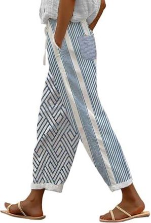 Generic Pantalon en coton et lin pour femme - Jambe large - Pantalon de plage d&eacute;t&eacute; confortable - Pantalon de yoga Palazzo - XIYU26056, bleu, 4XL