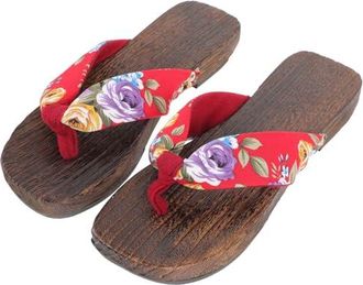 Valiclud Sabots Japonais pour Femmes Bois Rouge Floral Sandales &Eacute;t&eacute; Antid&eacute;rapantes et Confortables Sabot Large pour Maison et Ext&eacute;rieur
