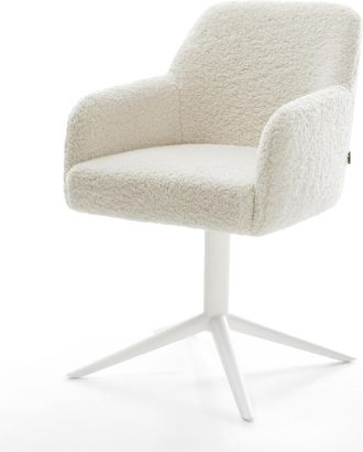 DELIFE Drehstuhl Greg-Flex Teddystoff Beige Fu&szlig;kreuz Wei&szlig; 360&deg; drehbar Wippfunktion Taschenfederkern, Esszimmerst&uuml;hle