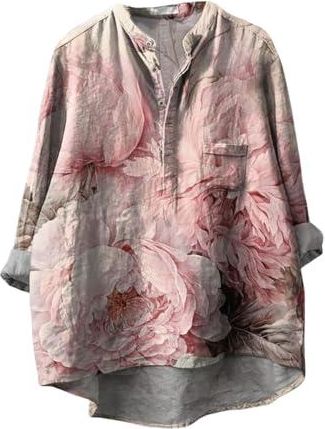 Generic Chemise en lin imprimée de fleurs de printemps et dété pour femme - Motif floral - Chemise décontractée à manches longues pour femme - Chemises de cou