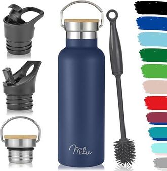 Milu Bouteille en acier inoxydable 350ml, 500ml, 750ml, 1l (+3 couvercles) - Bouteille thermo avec paille, bouteille deau, pour boissons chaudes, froides e