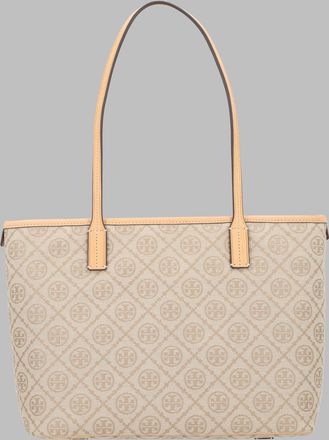 Tory Burch Womens Shopping Bag T Monogram Beige Cotton Polyester Shoulder