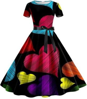 Generic 2026 Robe de soir&eacute;e &agrave; manches courtes pour femme avec imprim&eacute; Saint-Valentin ann&eacute;es 1950, rose vif, XXL