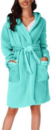 Generic Peignoir pour femme - Peignoir dhiver chaud et moelleux à capuche avec ceinture et poches, vêtement dhiver chaud et confortable, Vert, 3XL