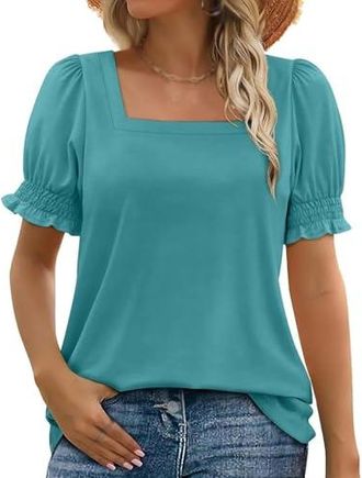 Generic T-shirt d&eacute;contract&eacute; &agrave; col carr&eacute; et manches smock&eacute;es pour femme - Haut &agrave; volants - Manches bouffantes - V&ecirc;tements tendance, bleu paon, XXL