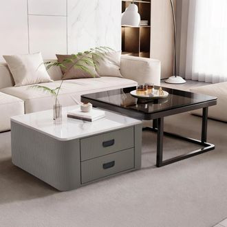 Generic Couchtisch 2er Set, Wei&szlig;e Marmor Satztisch mit Schubladen, Beistelltisch mit Metallrahmen und Glas, Platzsparender Moderne Sofatische f&uuml;r Schlafzimmer