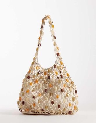 Glamorous Sac port&eacute; &eacute;paule souple en maille crochet&eacute;e orn&eacute; de perles - Cr&egrave;me-Blanc