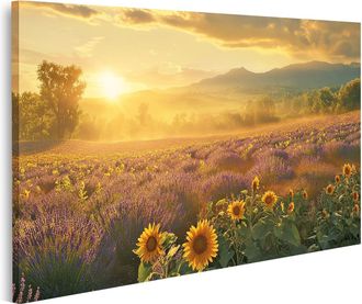 Islandburner Prime Bild auf Leinwand Sonnenuntergang im Lavendelfeld mit Sonnenblumen für Schlafzimmer Naturliebhaber Wellnesszentrum Bilder Wandbilder Poster