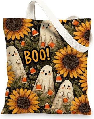 Generic Sacs fourre-tout en toile motif fantômes dHalloween, sacs dépicerie réutilisables, légers et lavables, noir, 13x15 Inch