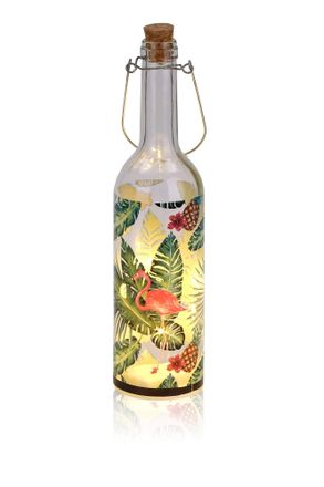 Brubaker Lichterflasche mit Aufdruck Flamingo mit Palmen und 5 LED Lichtern 7,3 x 28 cm zum Aufhängen