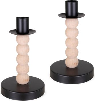 Matches 21 Stabkerzenhalter 2er Set Holz-Metall Natur-Schwarz Ø 8 x 14 cm - Moderne Kerzenhalter für Tischdeko