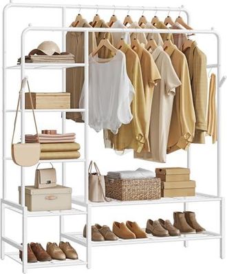 Songmics Portant &agrave; V&ecirc;tements, Armoire Penderie Ouverte, Porte-Manteau avec 7 &Eacute;tag&egrave;res, Cadre en M&eacute;tal, Tringles, pour Chambre, Salon, Entr&eacute;e, Blanc HSR182WG01