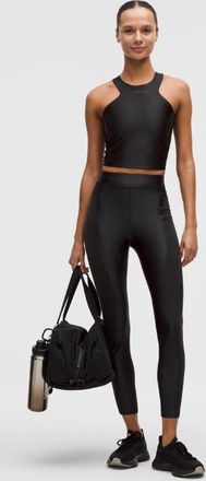 lululemon Satin Shine Leggings mit hohem Bund Logo f&uuml;r Frauen - 64 cm - Gr&ouml;&szlig;e 14 in Black