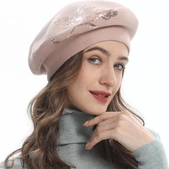 ZLYC Hiver Femmes Classique Francais Cachemire Chapeau de Béret Couche DoubleFleurs à Paillettes Roses,Taille Unique